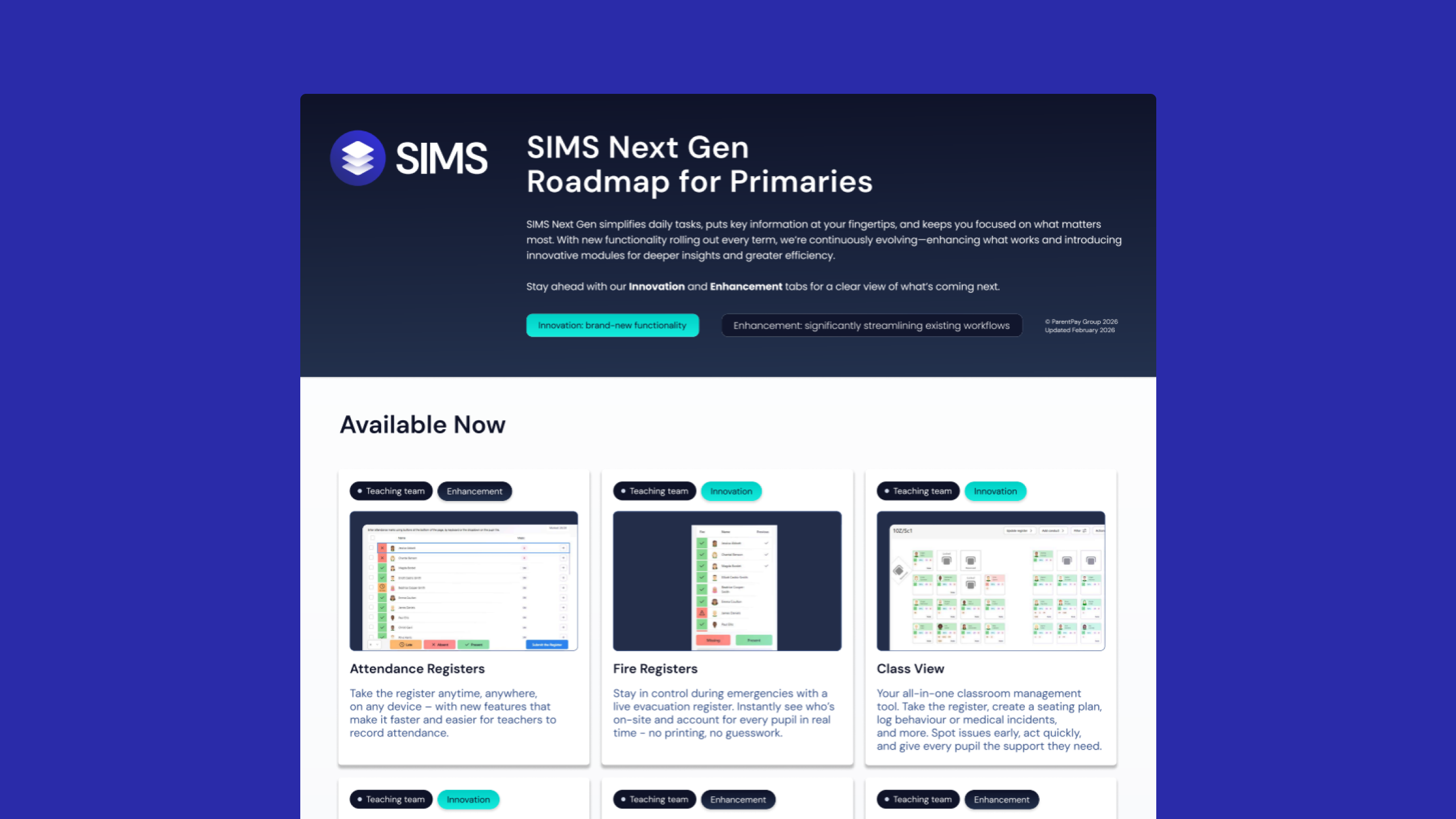 SIMS Next Gen roadmap - ParentPay Group
